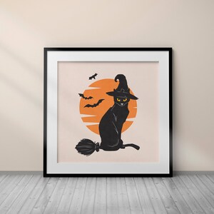 Black Cat Art Halloween Poster, Witch Art Print, Halloween Cat and Moon ...