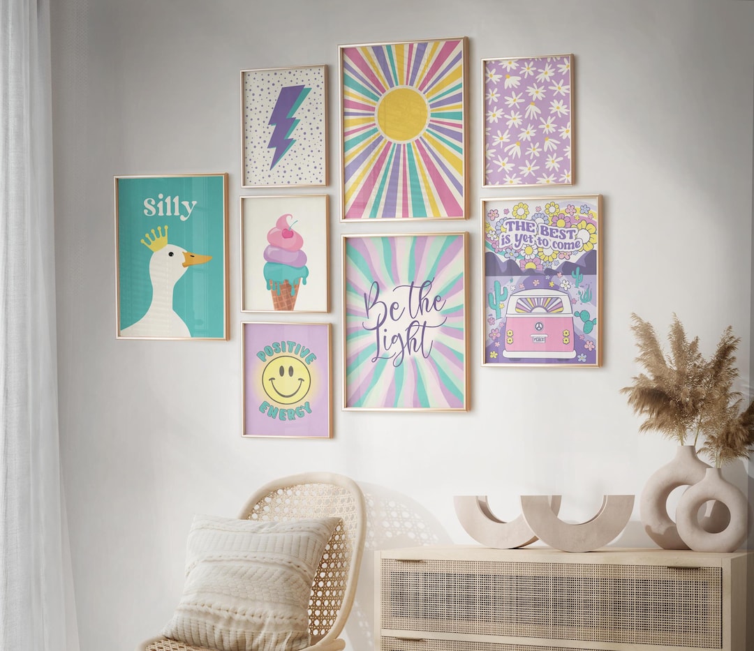 Funky Wall Art Print Set of 8 Purple and Teal Blue Aesthetic Posters ...