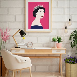 Queen Elizabeth Print Digital Artwork, Pink Poster Queen Elizabeth II ...