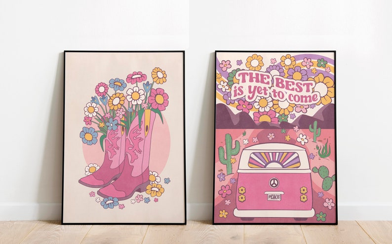 Pink Wall Art Prints, Retro Wall Art Prints Set of 2, Trendy Prints ...