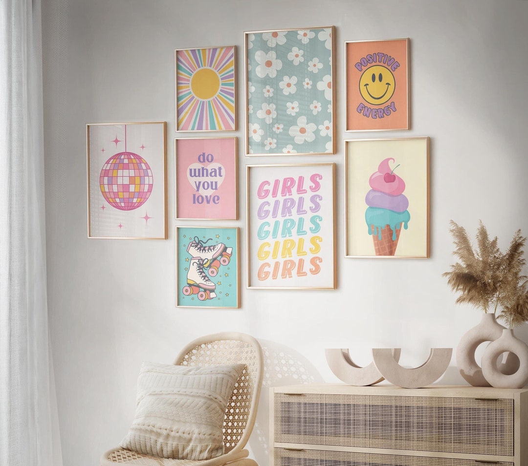 Retro Groovy Wall Art Set of 8 Motivational Poster Bundle, Light Blue ...