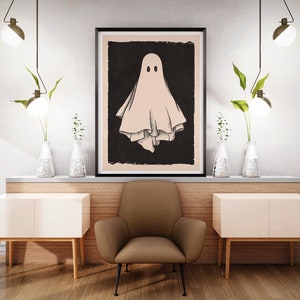 Cute Ghost Decor for Wall, Printable Halloween Poster Vintage, Black ...