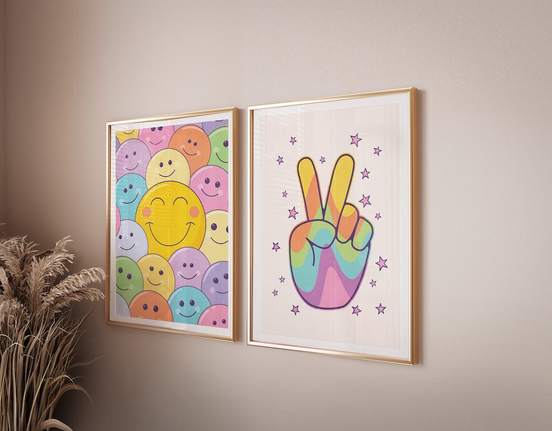 Summer Wall Art Set Bright Smiley Faces and Peace Sign, Rainbow Funny ...