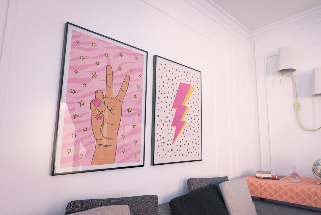 Pink Preppy Possitive Art Prints: Peace Sign & Lightning Bolt (digital ...