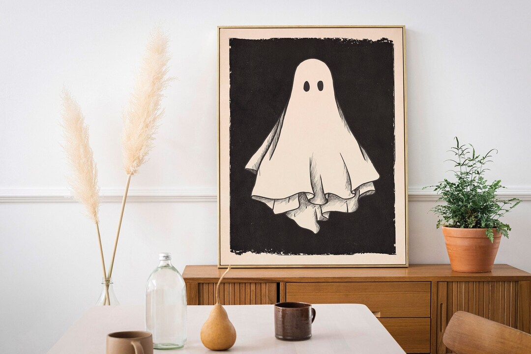 Cute Ghost Decor for Wall, Printable Halloween Poster Vintage, Black ...