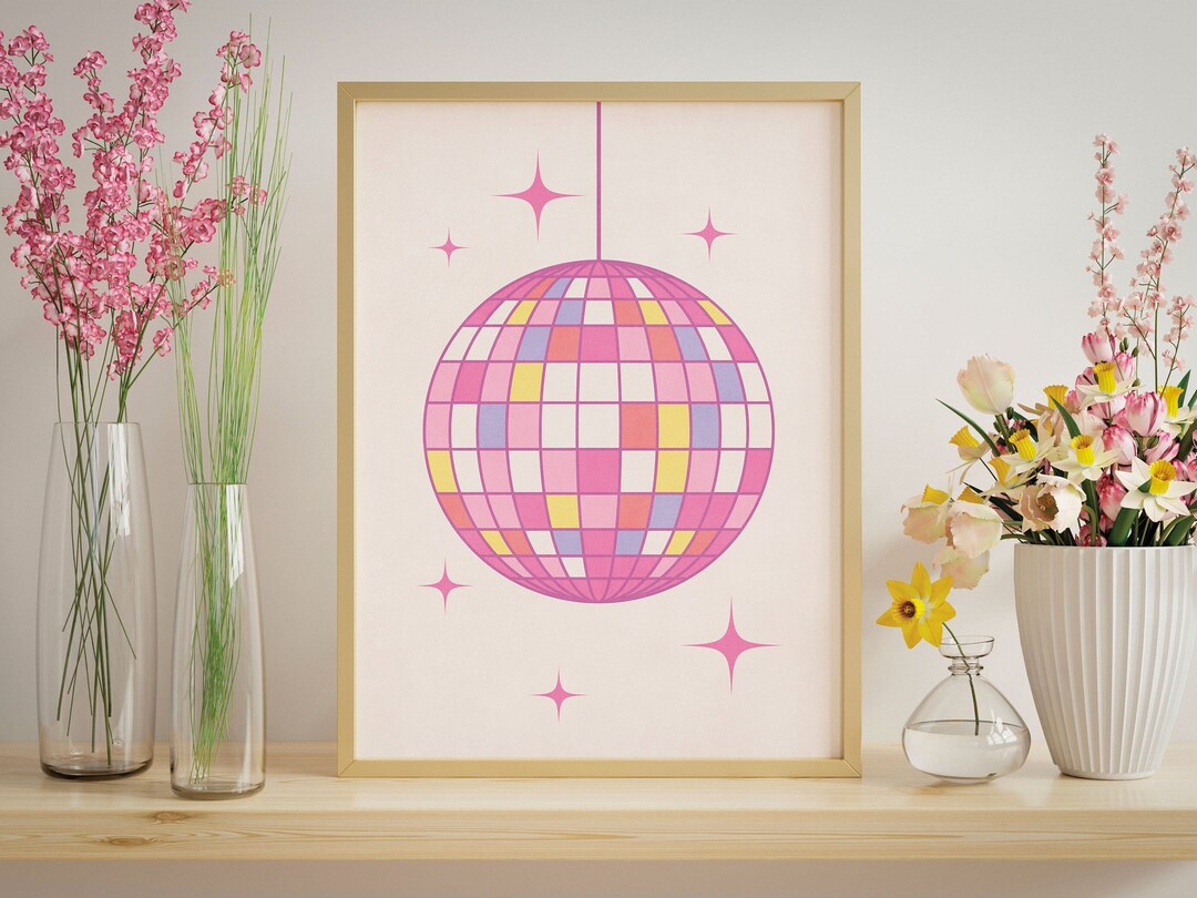 Pink Disco Ball Poster Digital Print, Preppy Stuff Disco Party Decor ...