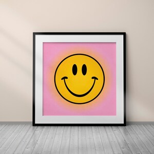 Funky Wall Art Smiley Face Print Download, Trendy Pink Wall Art, Yellow ...