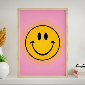 Funky Wall Art Smiley Face Print Download, Trendy Pink Wall Art, Yellow ...
