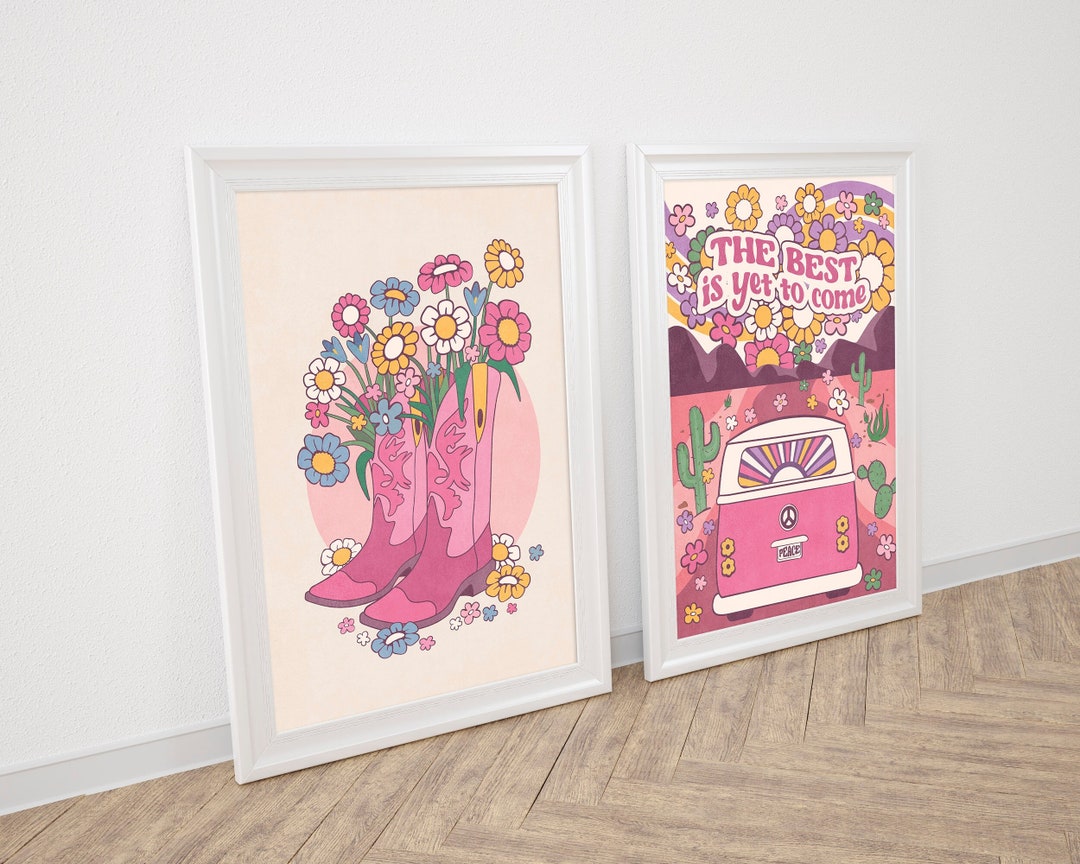Pink Wall Art Prints, Retro Wall Art Prints Set of 2, Trendy Prints ...