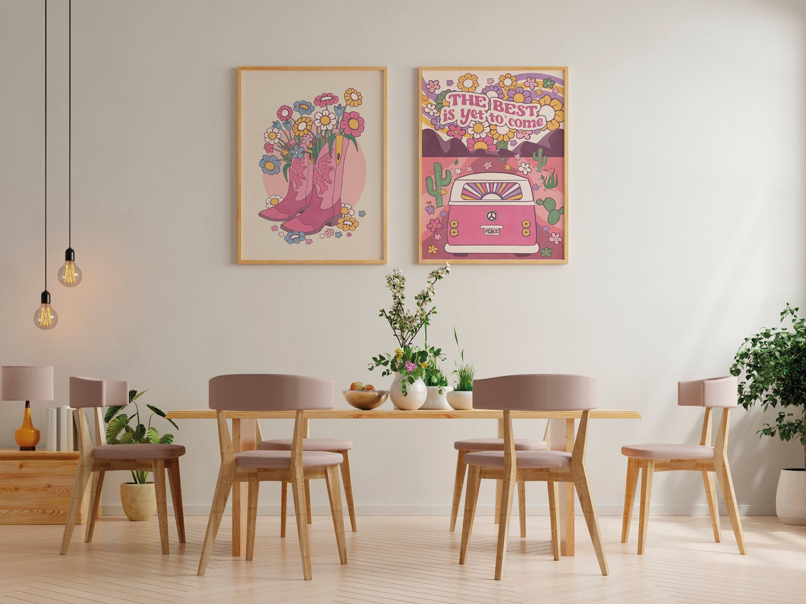 Pink Wall Art Prints Retro Wall Art Prints Set of 2 Trendy - Etsy