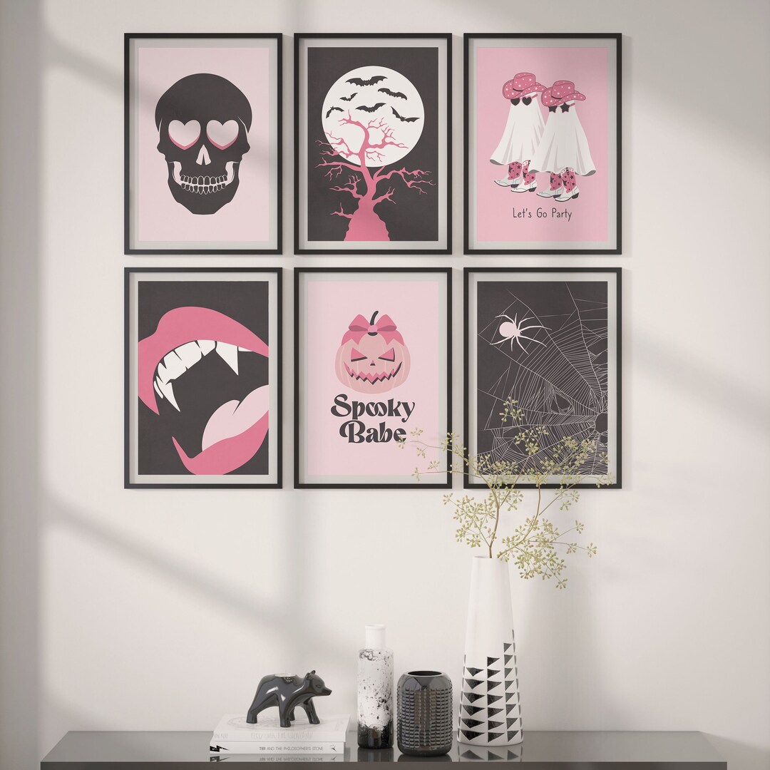 Pink Halloween Wall Decor Set 6, Halloween Art Prints, Cute Halloween ...