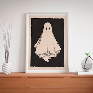 Cute Ghost Decor for Wall, Printable Halloween Poster Vintage, Black ...