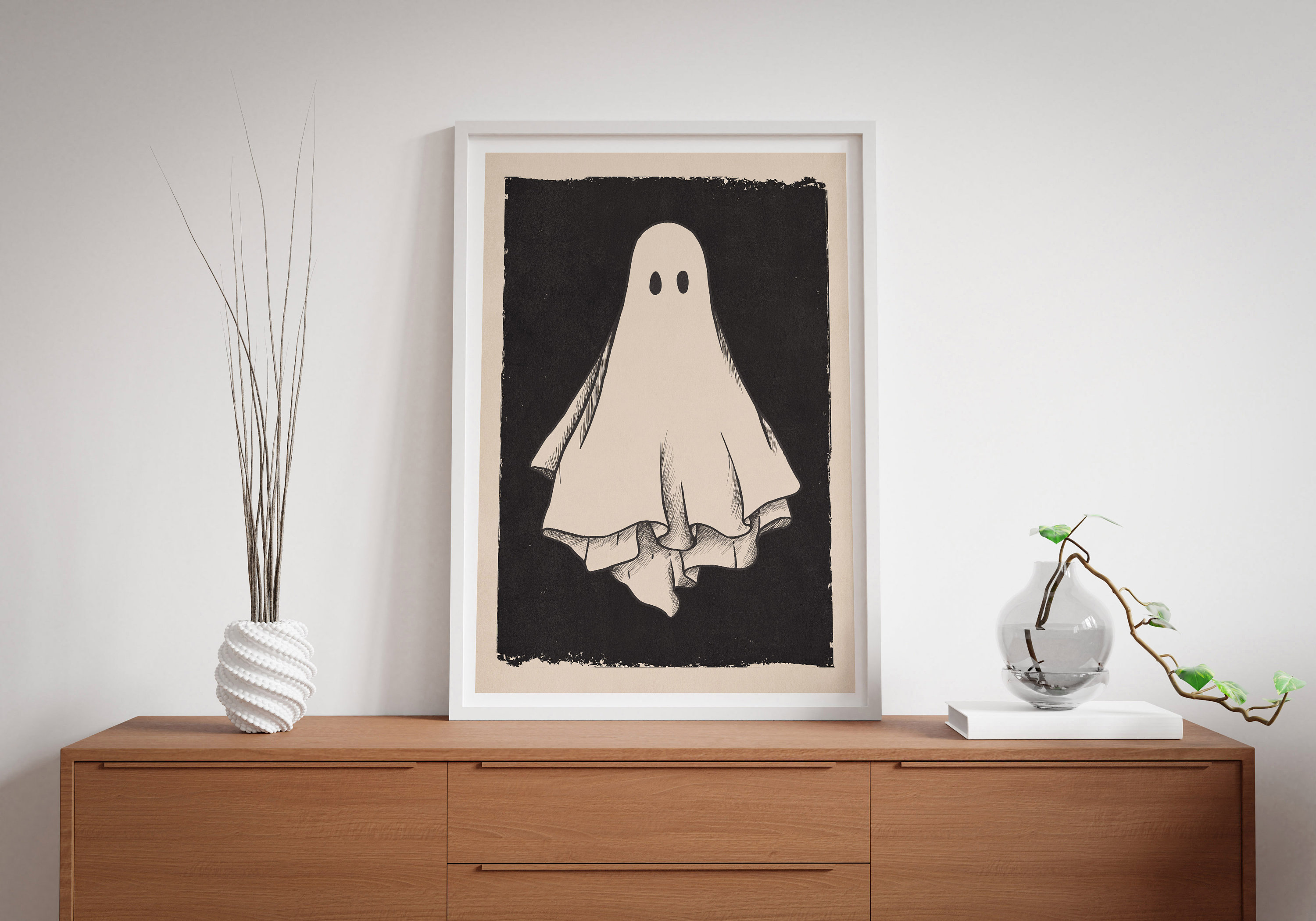 Cute Ghost Decor for Wall, Printable Halloween Poster Vintage, Black ...