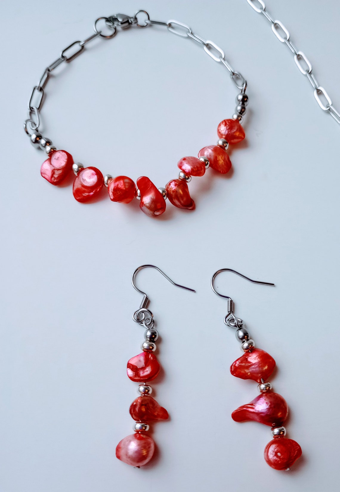 Watermelon BAROQUE PEARLS and Stainless PAPERCLIP Necklace Set - Etsy