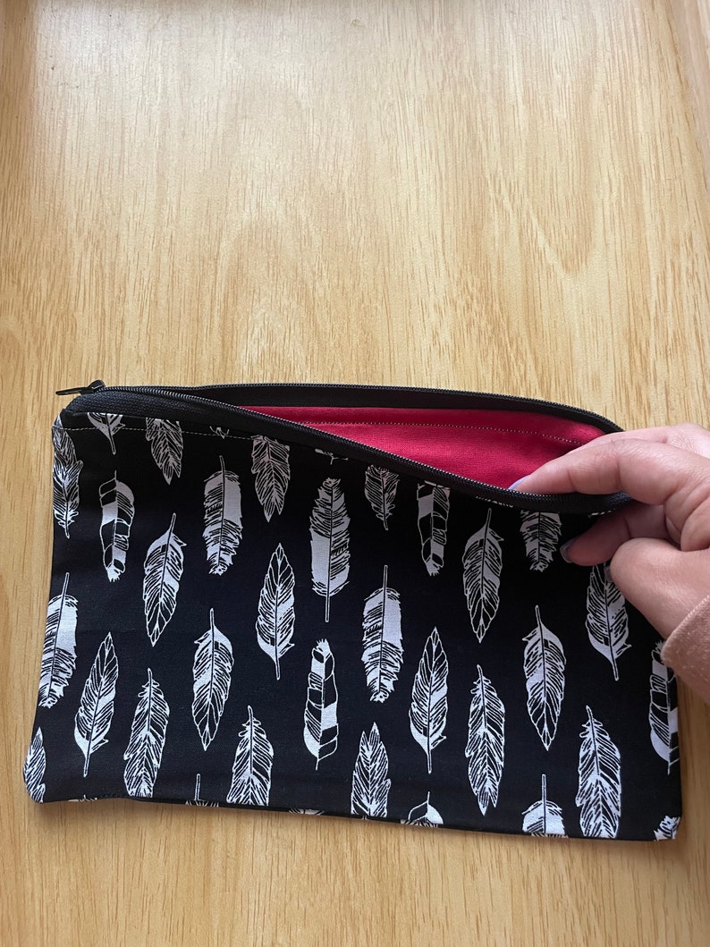 Handmade Black/white/red Feather Design Cosmetic Bag - Zipper Pouch ...