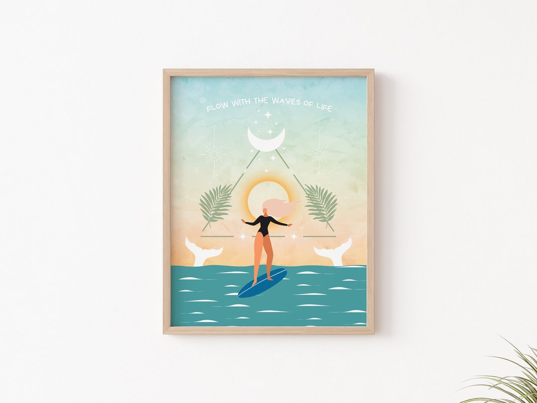 Flow With the Waves Positive Affirmation Art Surf Moon Woman Art Print ...