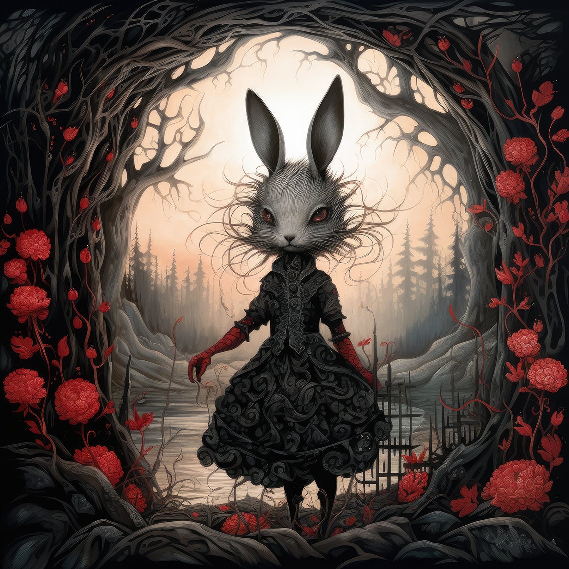 Vintage Gothic Rabbit Forest Rabbit Digital Art Dark Art - Etsy