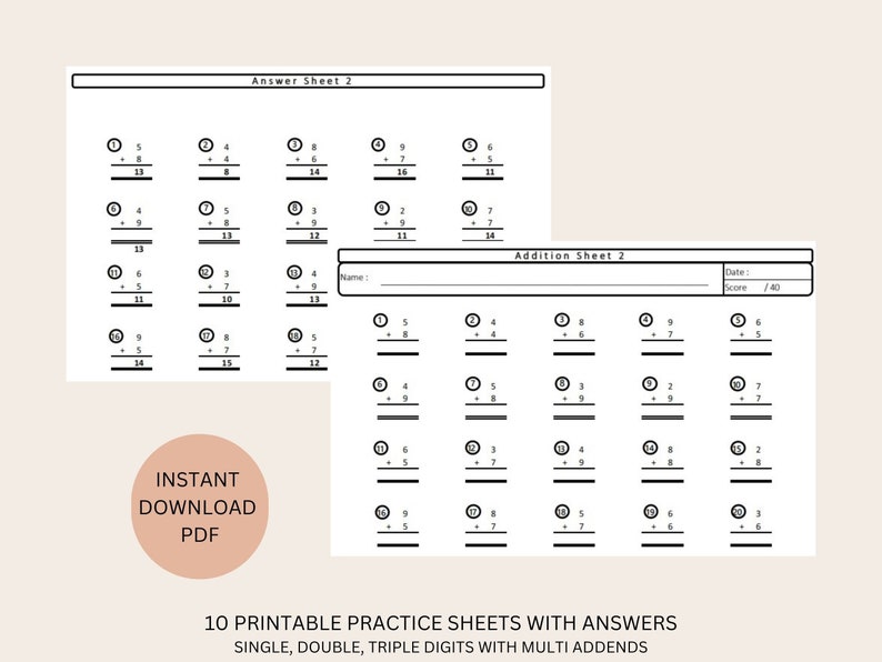 Addition Worksheet 3rd Grade Math Practice Math Drills Instant Download ...
