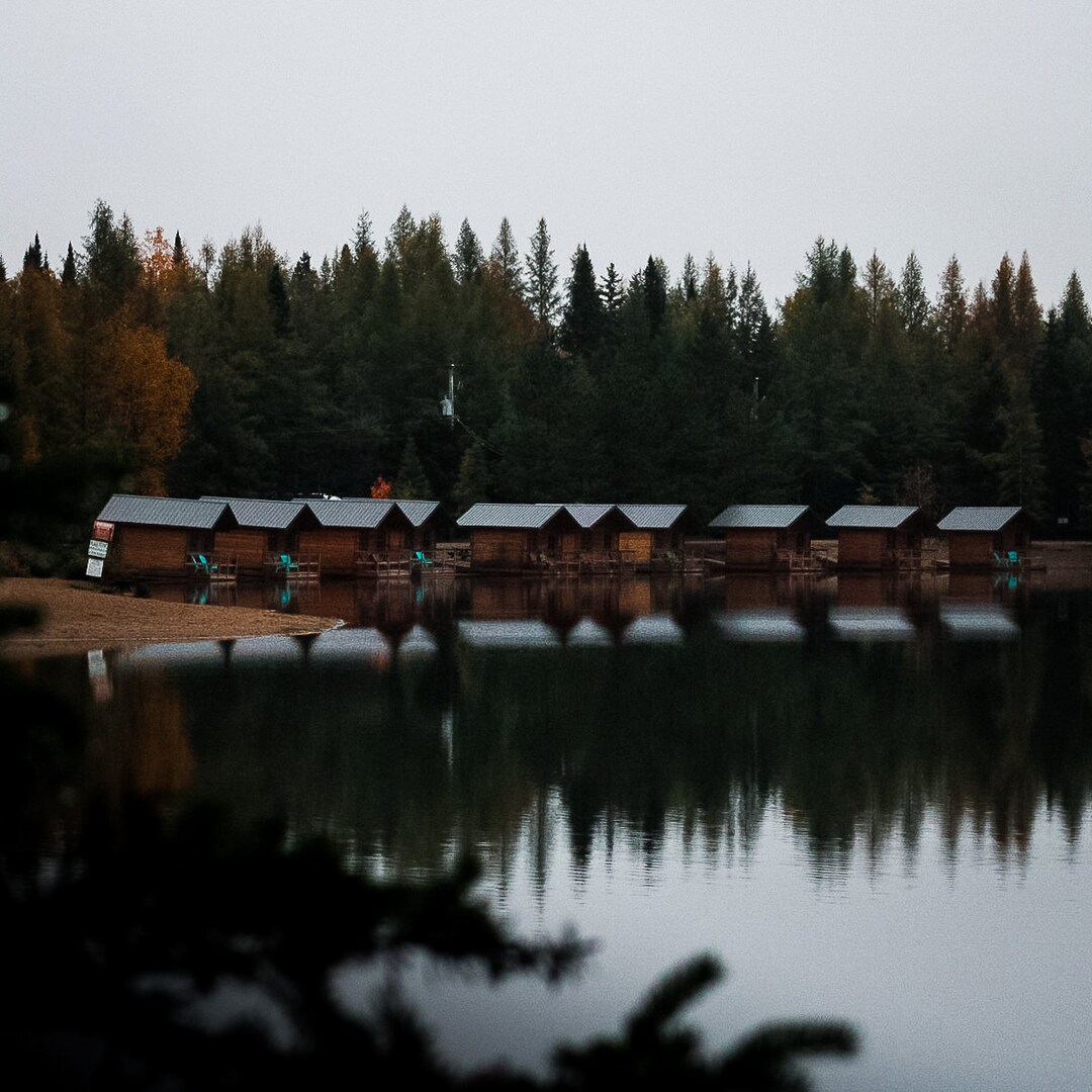 Remote Cabin in the Woods, A Line of Small Cabins Circle the Shore of ...