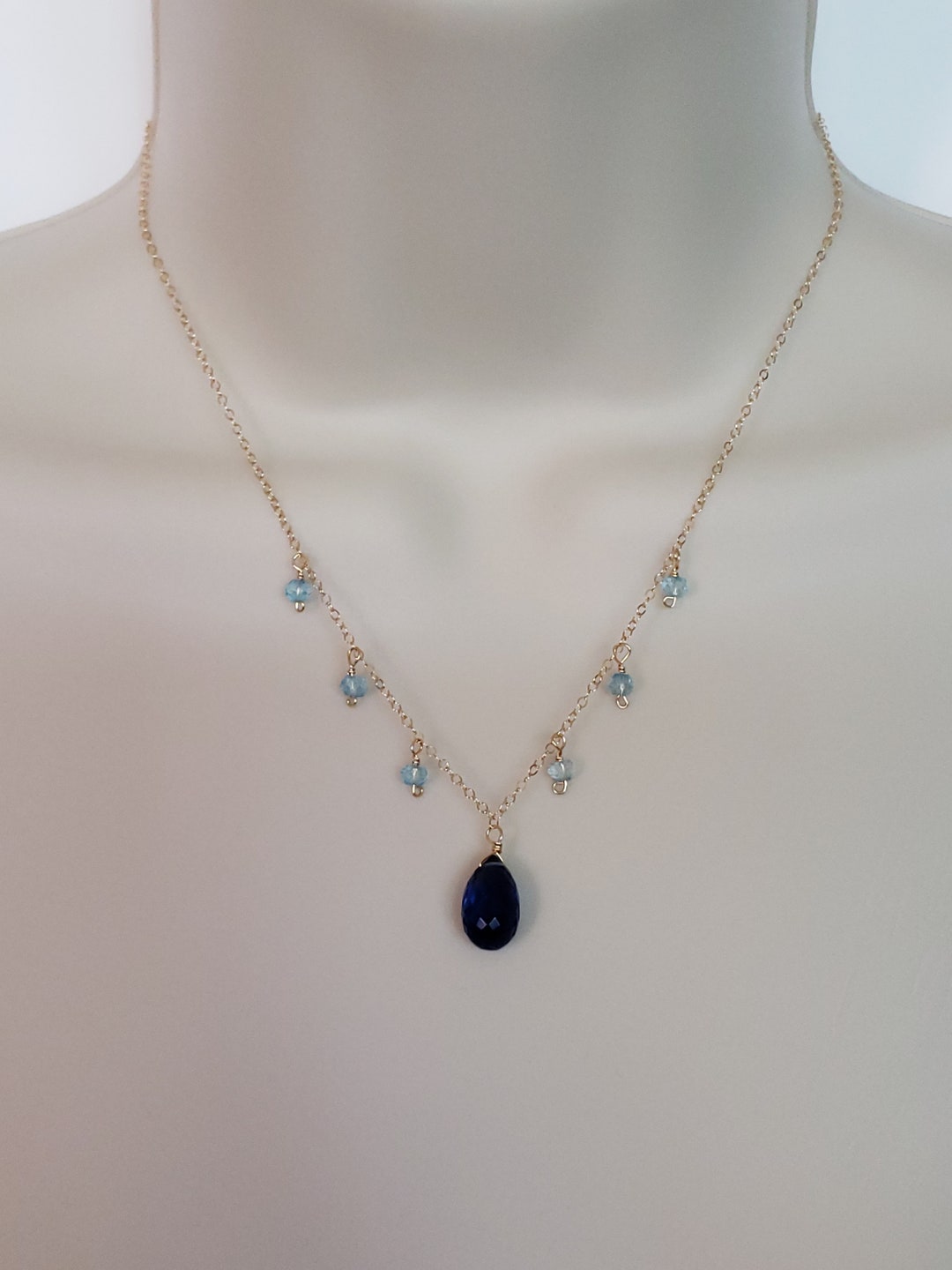 Topaz and Sim. Sapphire Station Drop Briolette Necklace Choker ...