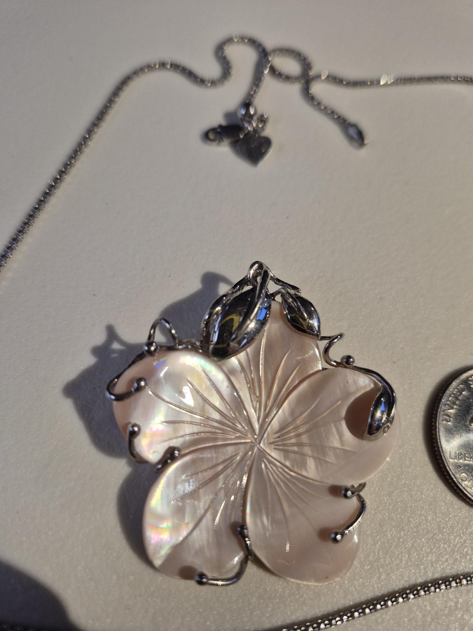Pretty Carved Pink Muscle Shell Flower Pendant Necklace Sterling Silver ...