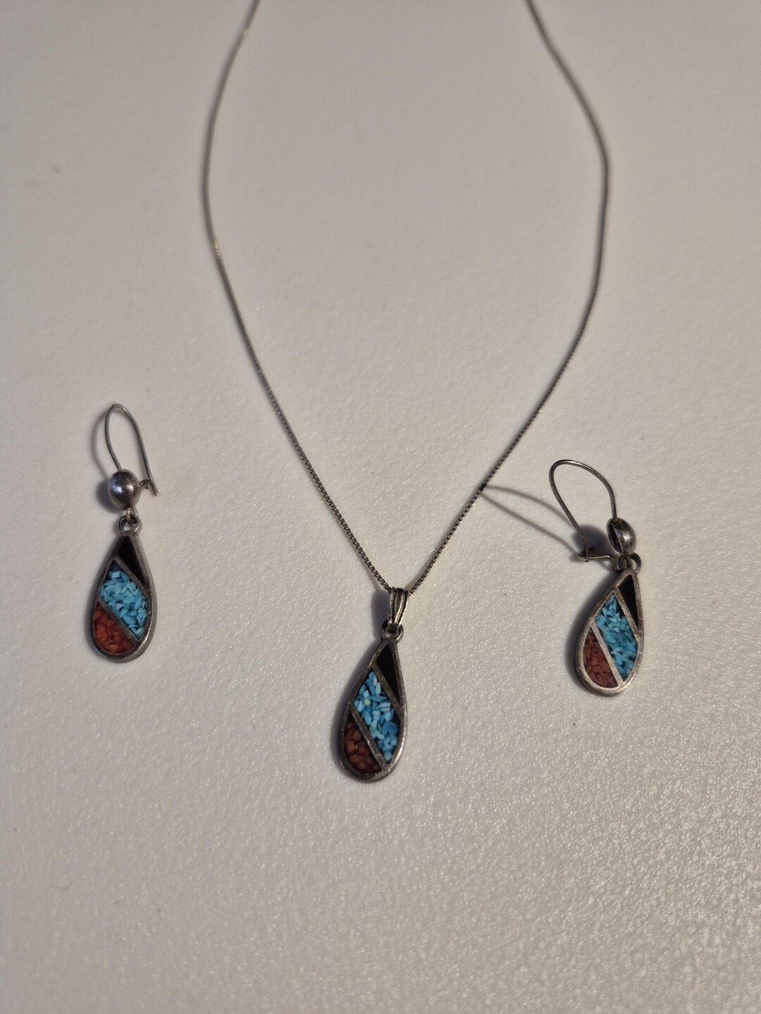Vintage Zuni Turquoise Chip Inlay Earrings and Necklace Pendant - Etsy