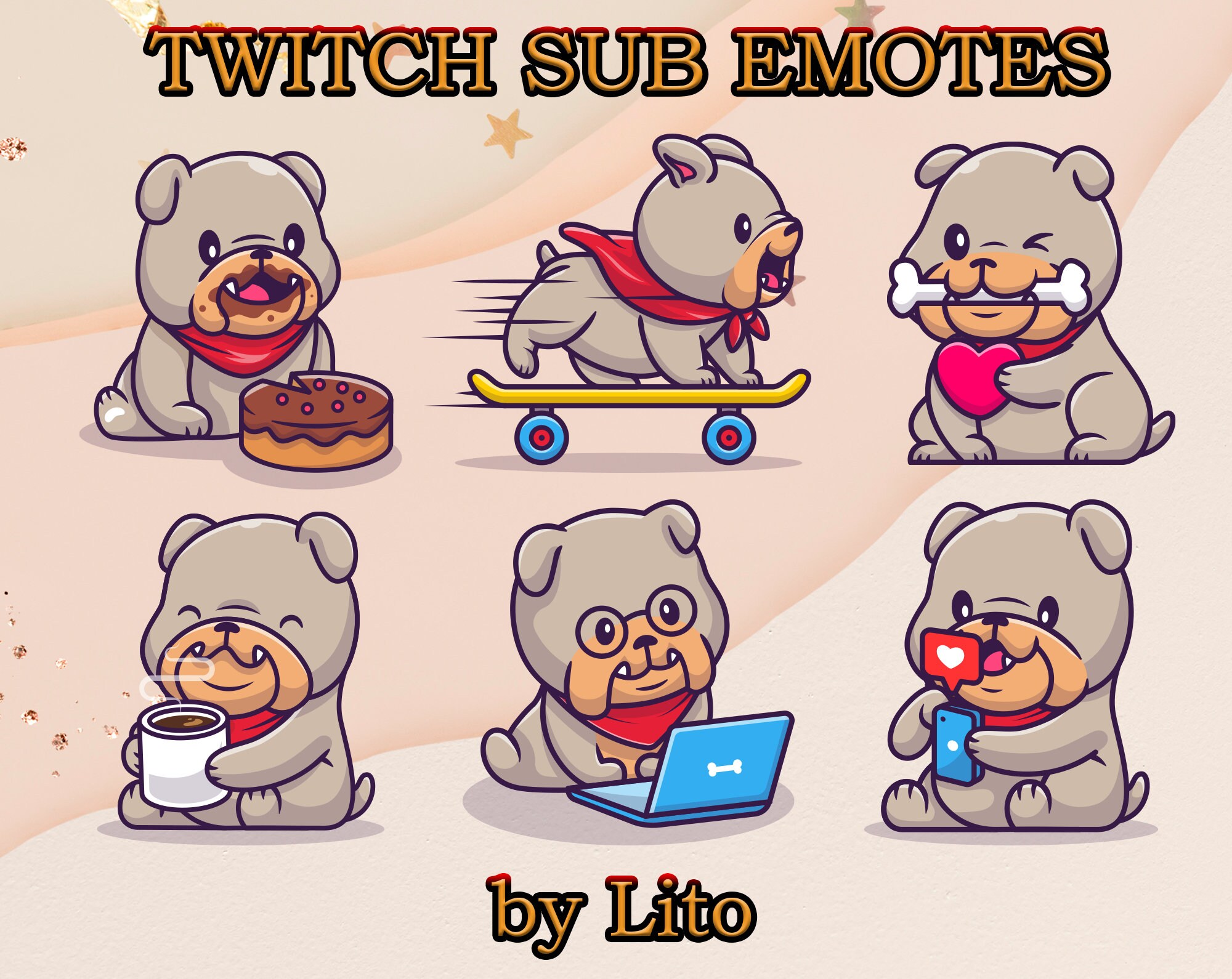 6 Twitch Sub Cartoon Pug Emotes Subscribers Bulldog Emoji/ Cute Smile ...