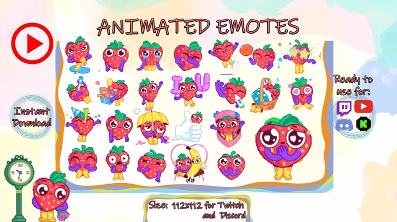 26 Animated Strawberry Emote Subscribe Twitch Sub Emoji Berry Man/hype ...