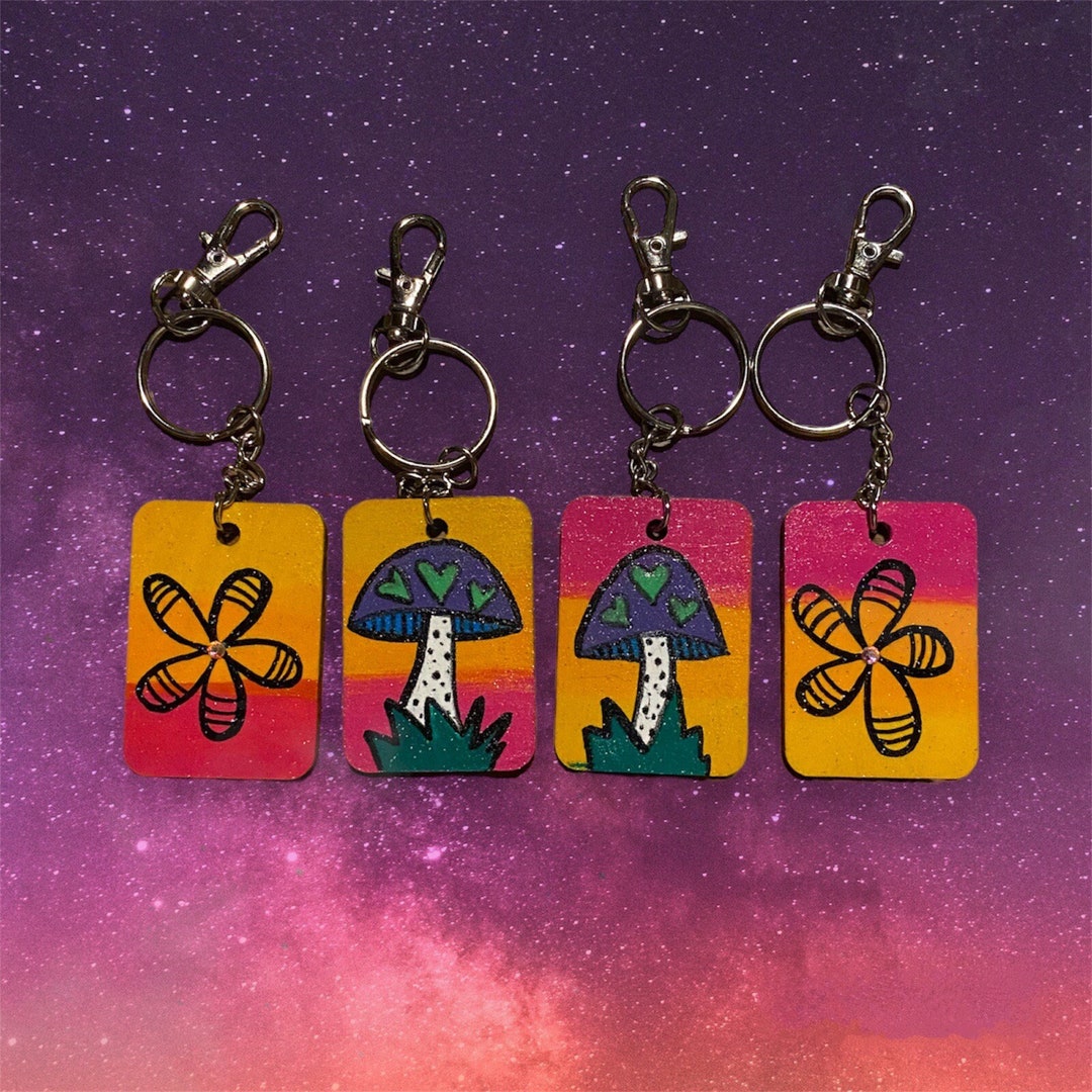 Hand Painted Wooden Keychains Mushroom Keychains Flower - Etsy