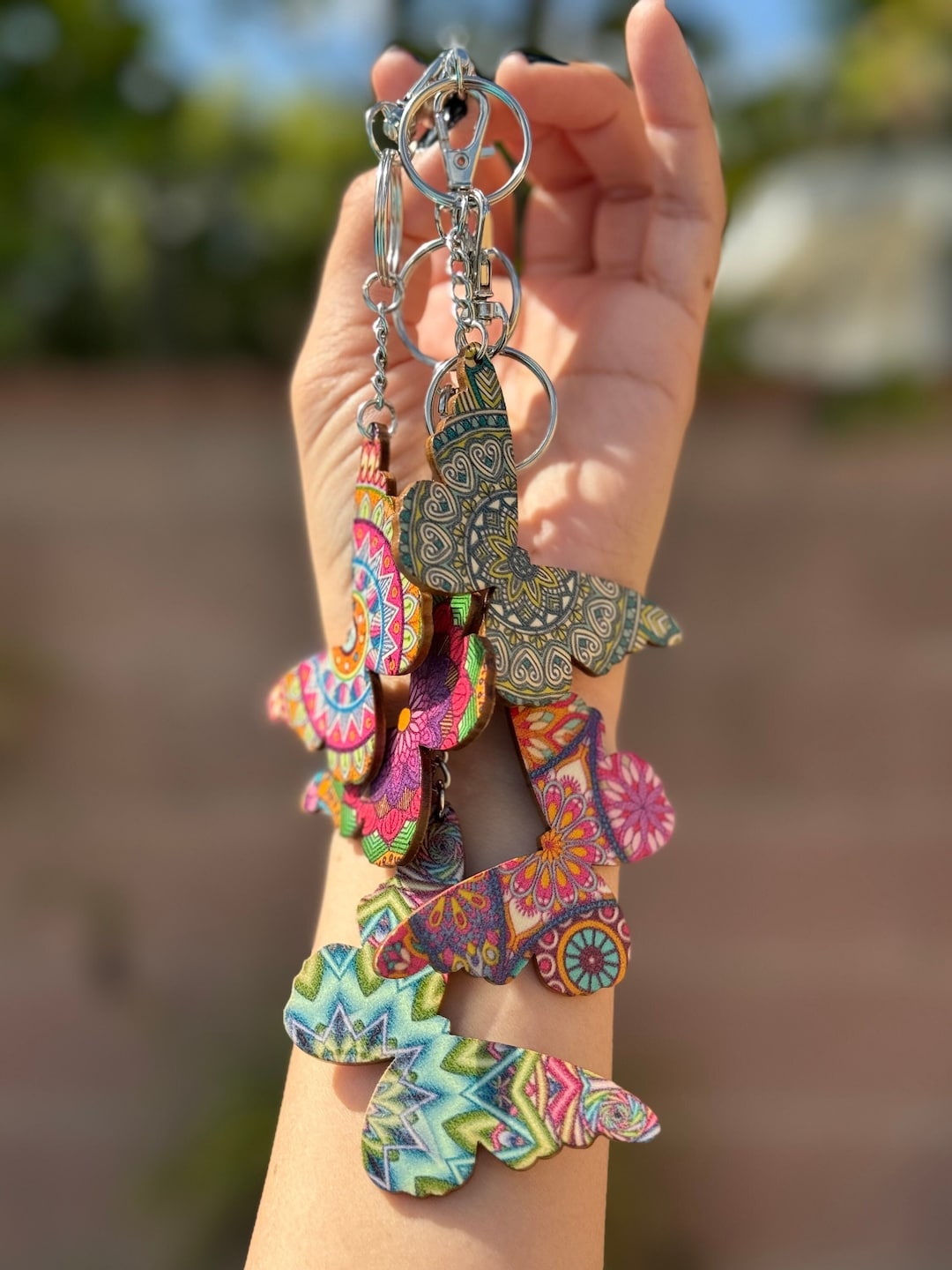 Beautiful Wooden Butterfly Keychains, Dubble-sided Print, Mandela Art ...