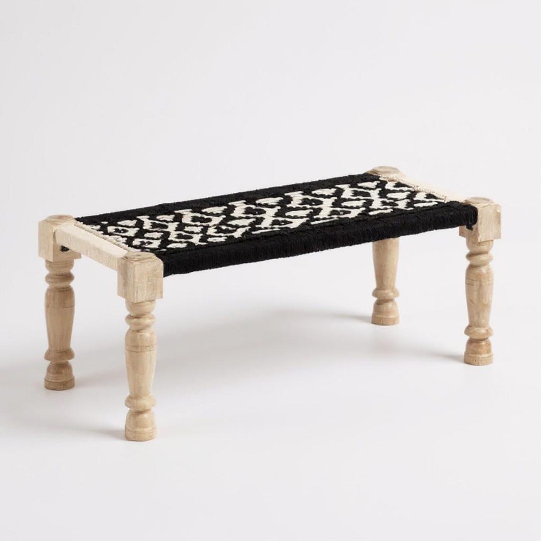Handwoven Charpai Bench: Black Cream Geometric Rope Seat, Indian Daybed ...