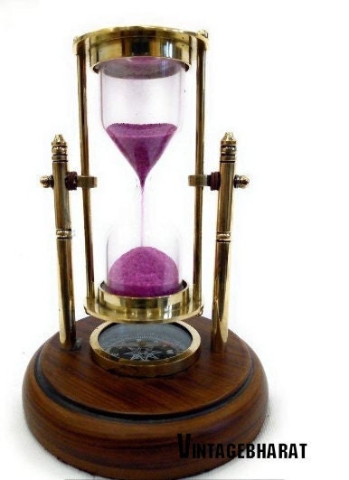Antique Brass Sand Timer With Compass on Wooden Base Hour Glass Clock ...