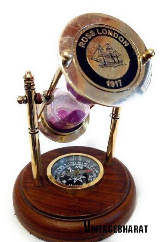 Antique Brass Sand Timer With Compass on Wooden Base Hour - Etsy