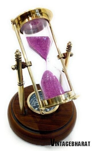 Antique Brass Sand Timer With Compass on Wooden Base Hour Glass Clock ...
