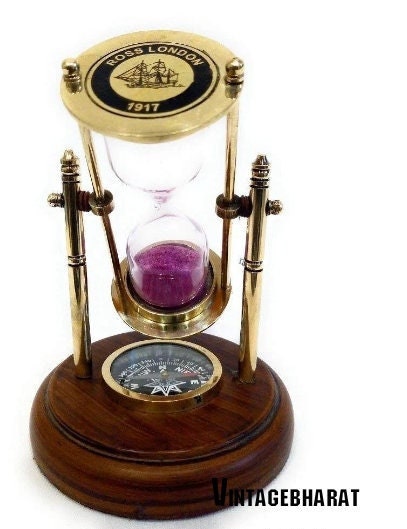 Antique Brass Sand Timer With Compass on Wooden Base Hour Glass Clock ...