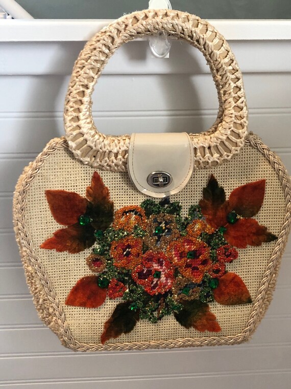 Vintage Women's Handbag with Rattan and Orange Beaded… - Gem