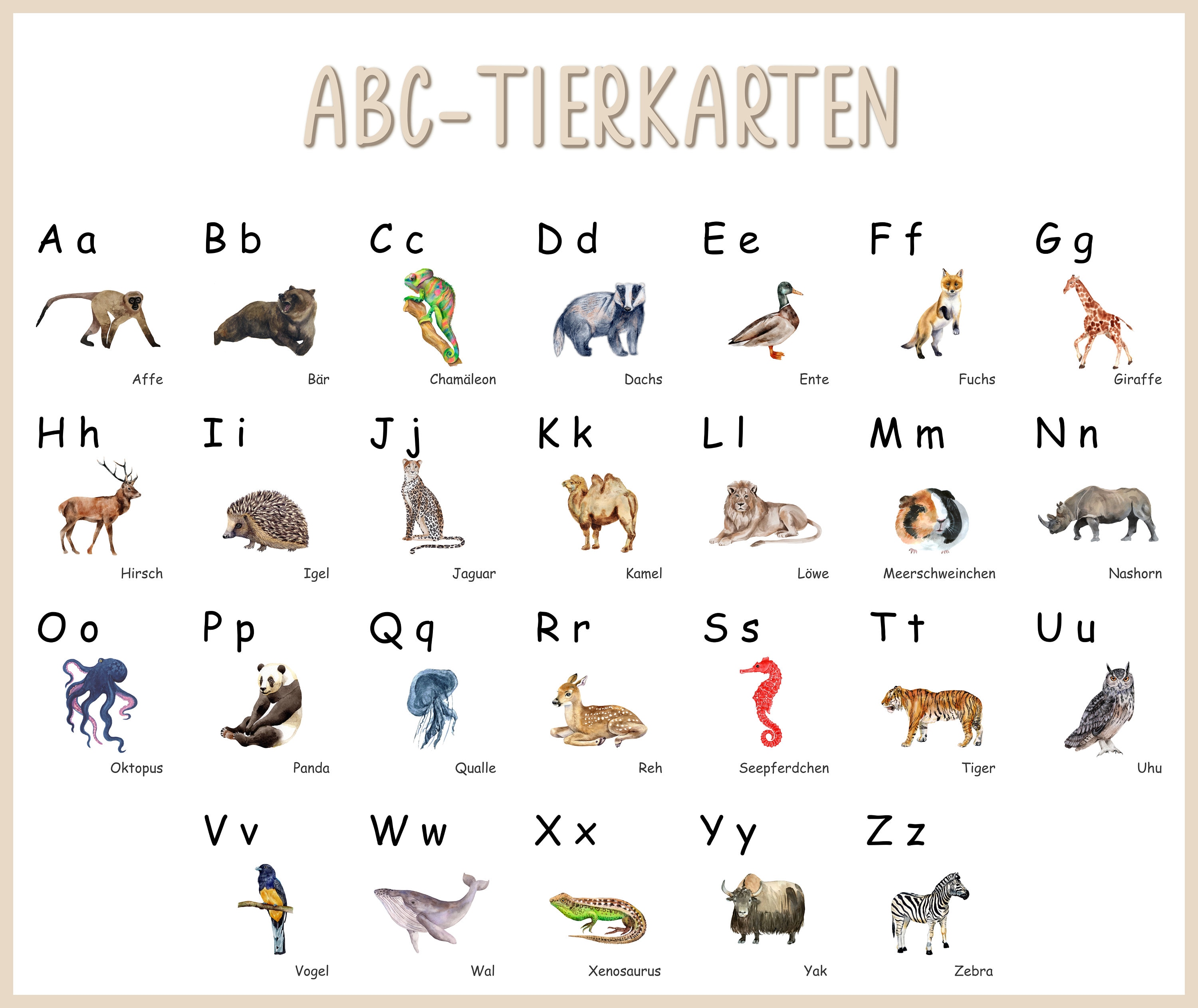 ABC Lernkarten Tiere Montessori Buchstaben Karten ABC-Wandbild Alphabet ...