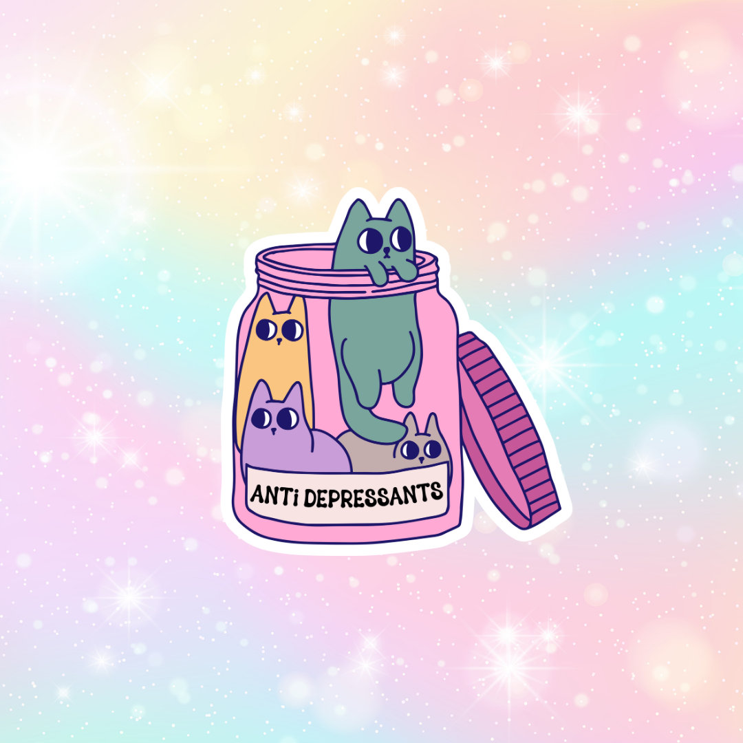 Antidepressants Cats Vinyl Sticker, Cute Bright Sticker, Water ...