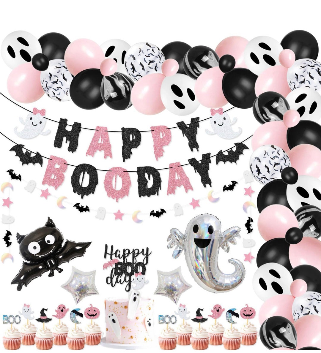 Pink Black Halloween Birthday Party Kit, Happy Boo Day Banner, Boo Cake ...