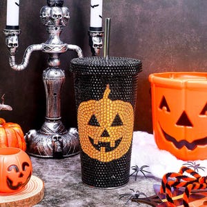 Halloween Pumpkin Rhinestone Tumbler 20oz With Straw, Jack O Lantern ...