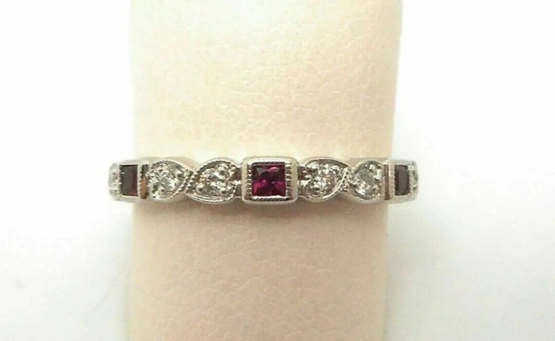 Vintage Retro 1930s Art Deco Diamond & Ruby Wedding Band Ring, Diamond ...