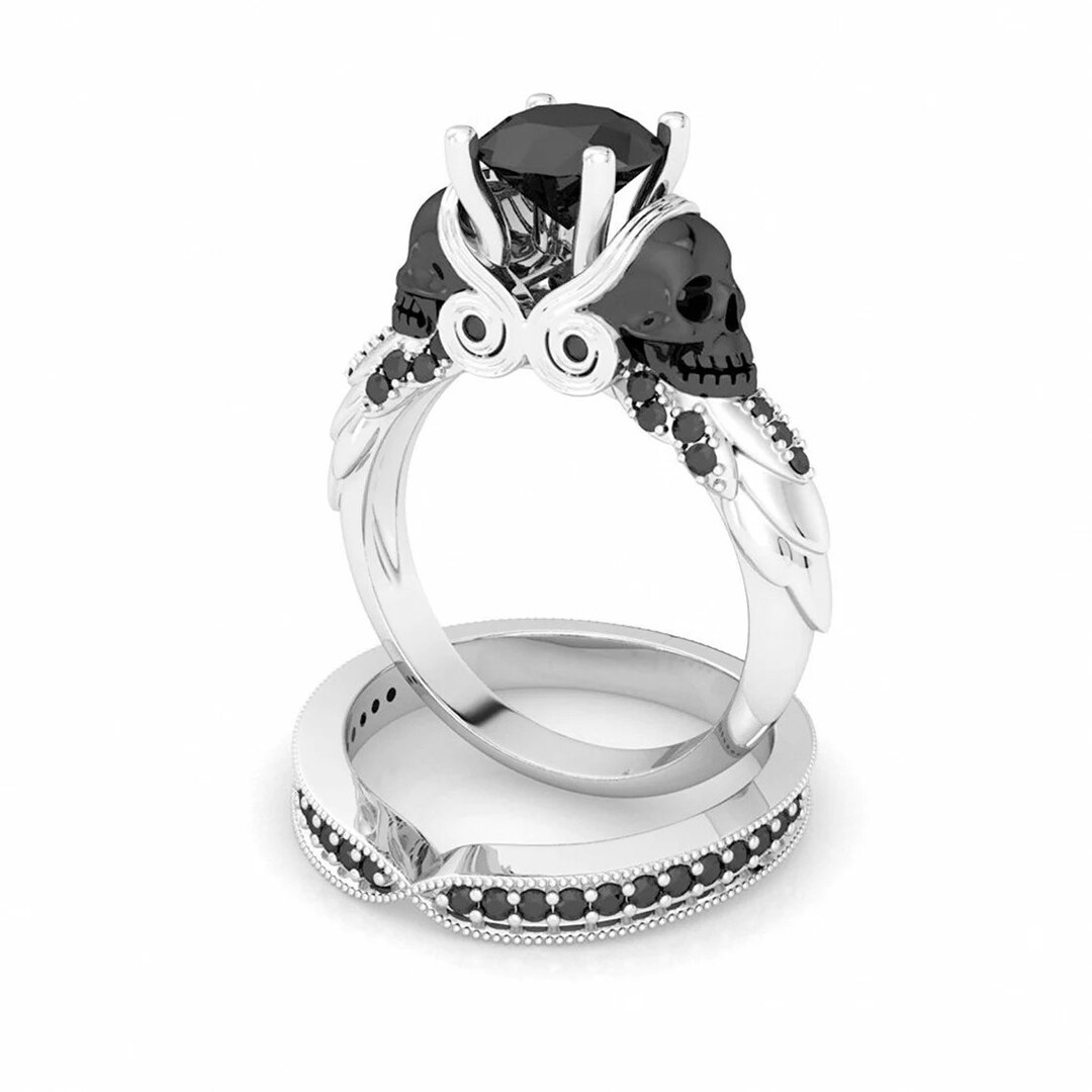 Sterling Silver Skull Engagement Ring Set: Black Simulated Diamond ...