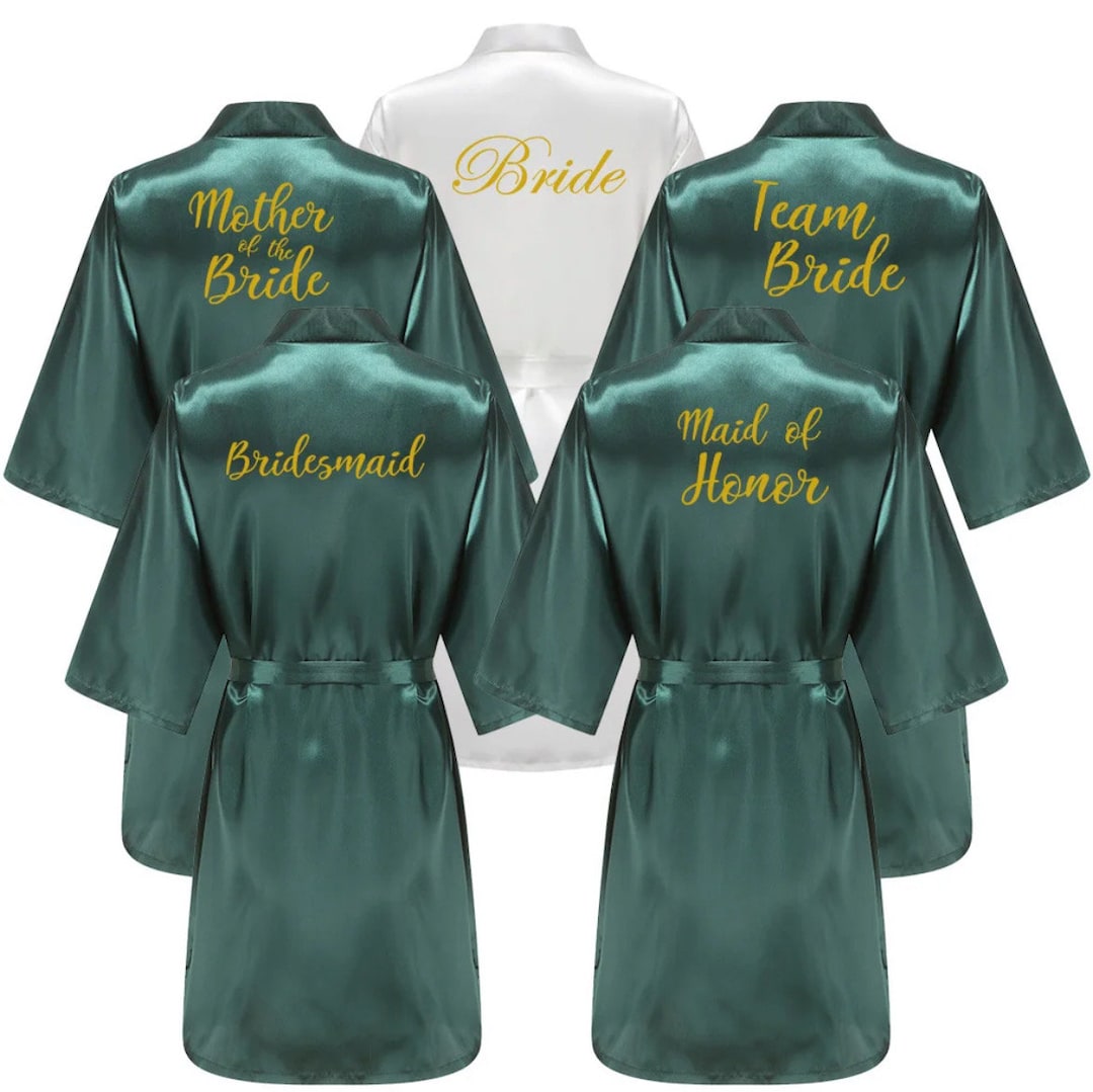 Wedding Green Team Bride Robe With Gold Letters Kimono Satin Bridesmaid ...
