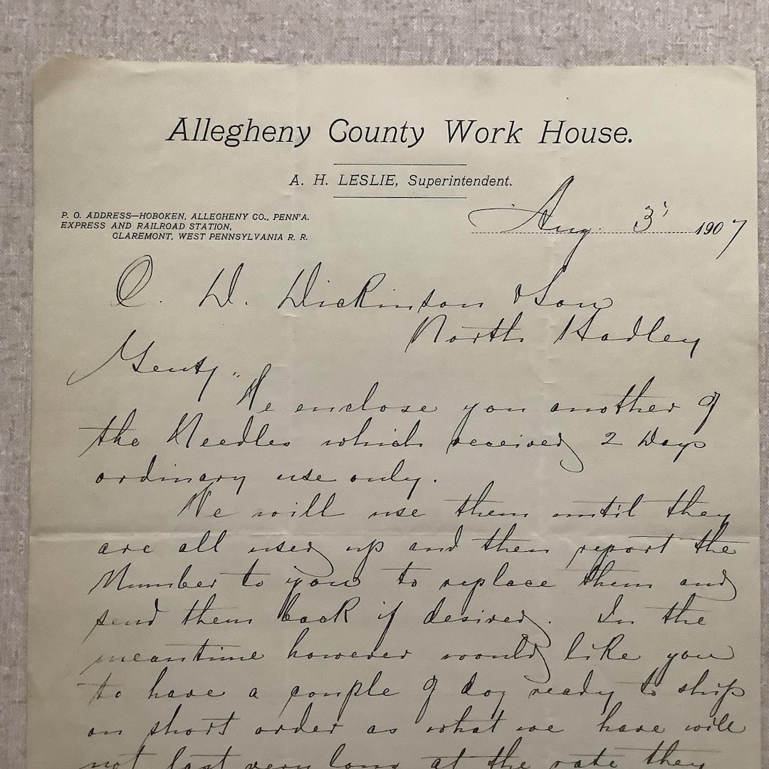 Antique Letter From Workhouse in 1907: Handwritten Allegheny County ...