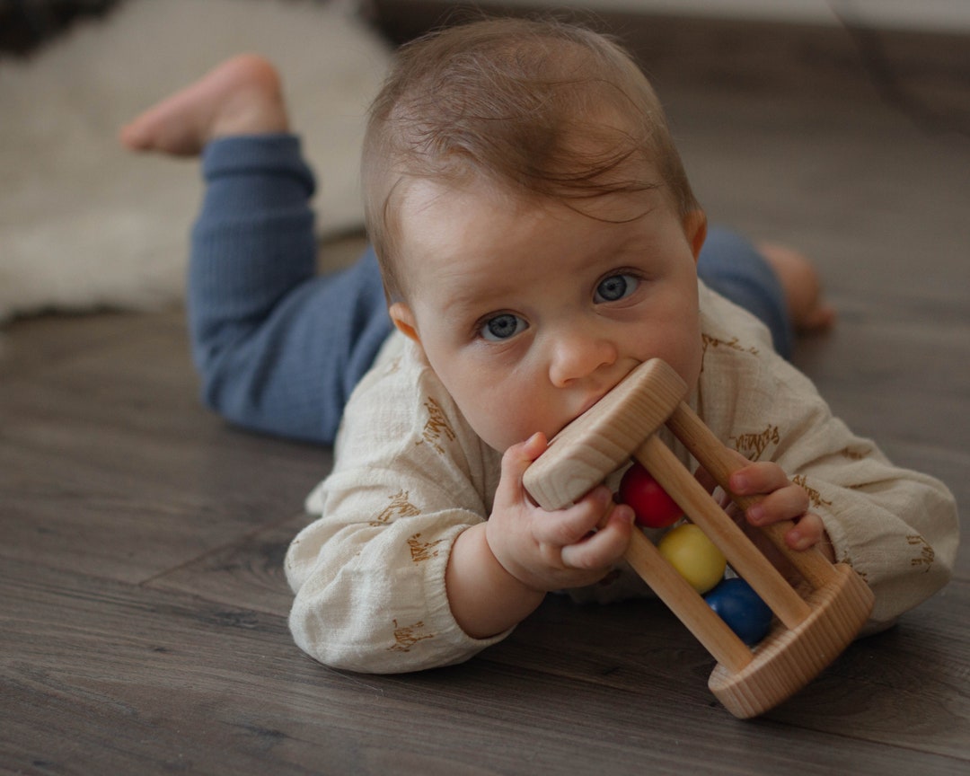 Wooden Ball Cylinder Baby Gift Newborn Rattle Roller Bell Cylinder ...