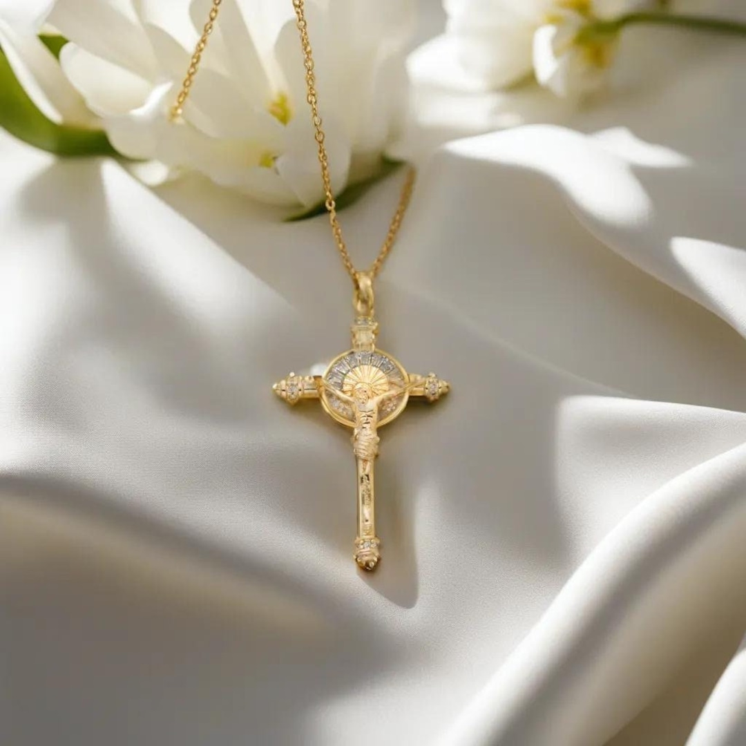 14K Gold Plated Cross Pendant Necklace With Cubic Zirconia Elegant ...