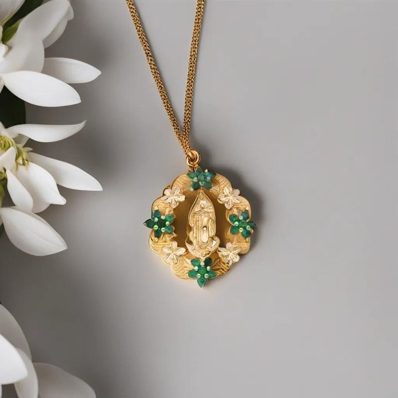 Our Lady of Guadalupe Pendant 14k Gold Cubic Zirconia Flowers ...
