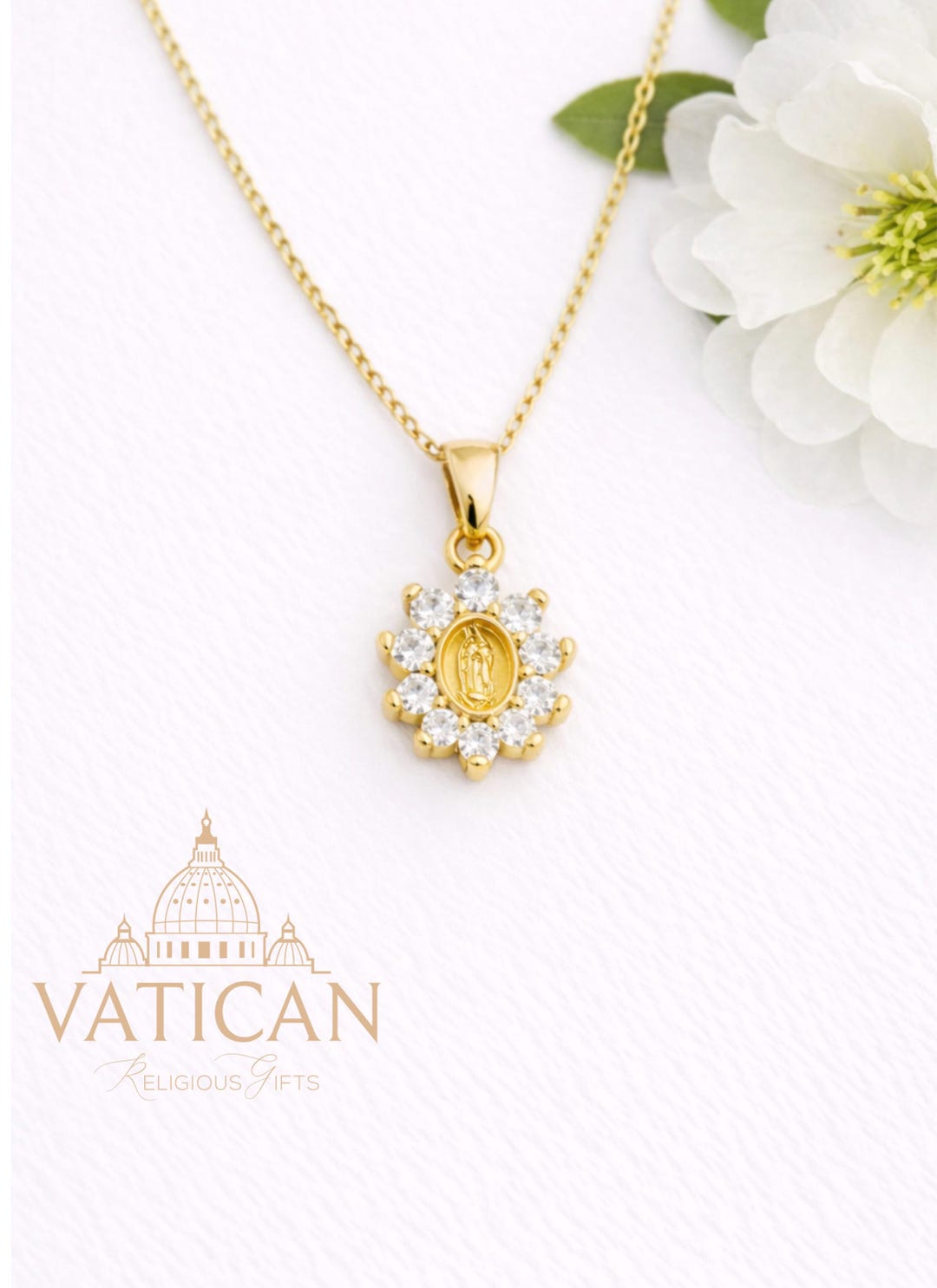 Our Lady of Guadalupe CZ Pendant Necklace, Small Gold Plated Marian ...