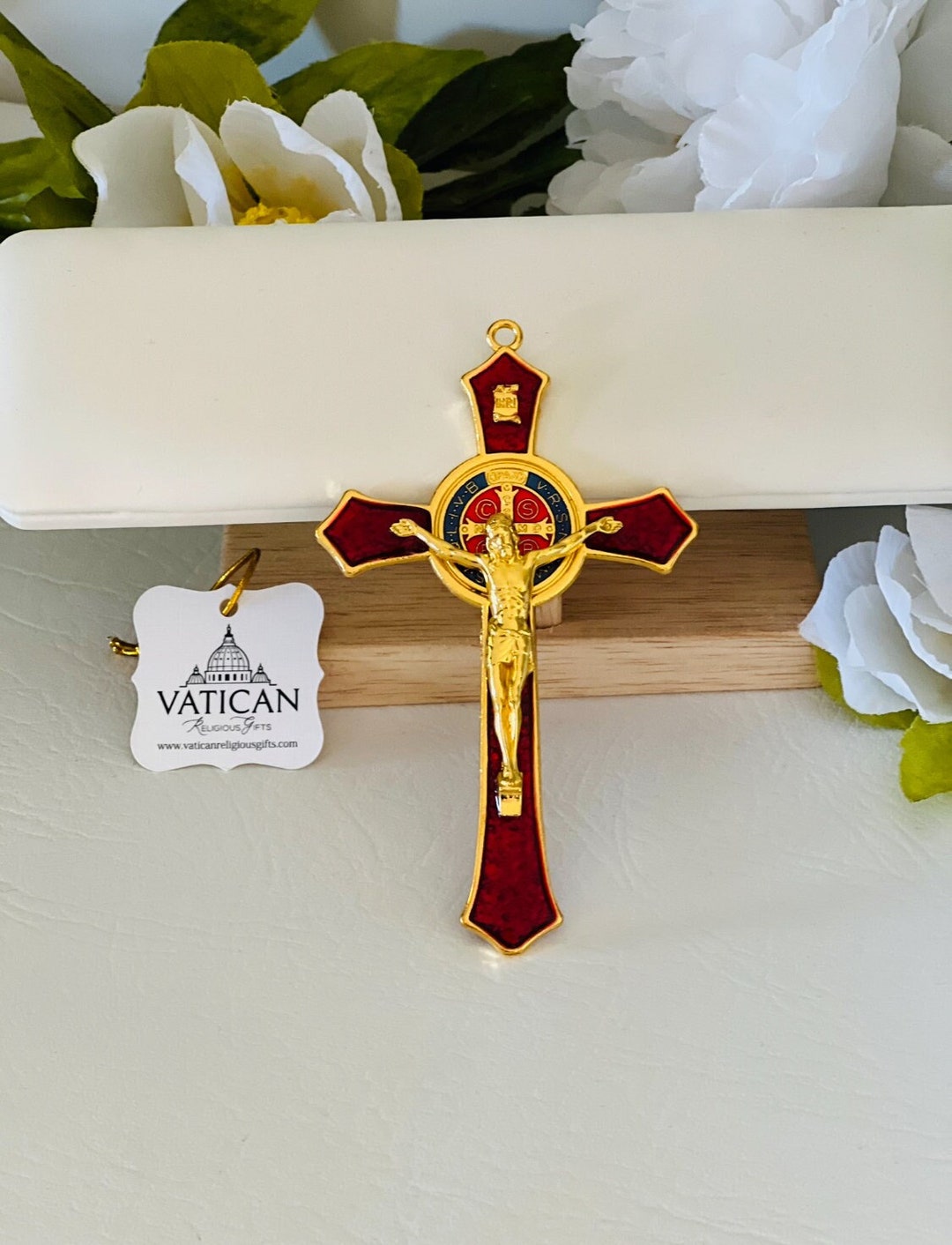 Red Enamel St. Benedict Crucifix Gold-tone Wall Cross Home Decor ...