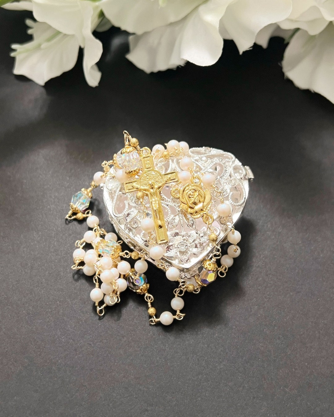 Luxury Swarovski Crystal Rosary - 18K Gold Plated, Iridescent Pearl ...